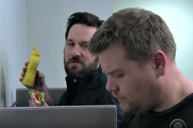 Paul Rudd and James Corden Knit, Nap, Snack in 'Never-Ending Urinal ...
